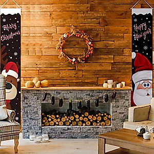 Christmas Front Porch Banner Merry Christmas Door Banner Outdoor Santa Clause Reindeer Xmas Hanging Sign for Outside Porch Wall Christmas Wall Decoration (Black)