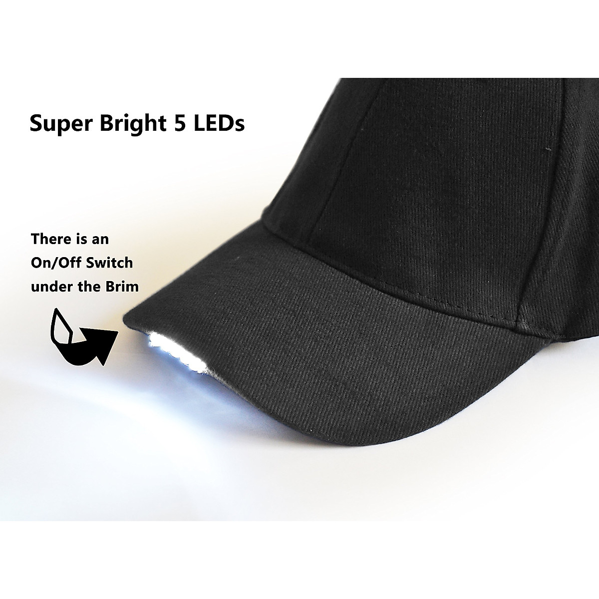Hands Free LED Baseball Cap Hat for Outdoor Jogging Hip Hop Party Holiday Black
