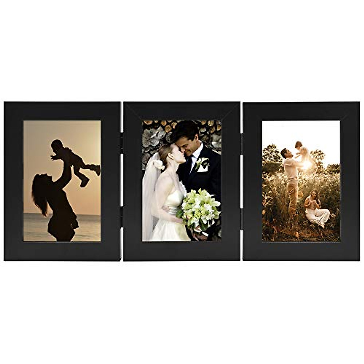 Golden State Art, 4x6 Three Picture Frame Trifold Hinged Photo Frame with 3 Openings, Desk Top Family Picture Collage, with Real Glass (4x6 Triple, Black, 1-Pack)
