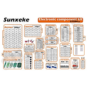 Sunxeke Electronic Component DIY Assortment Kit,Include Resistors,Capacitors,Triode,PCB,Tact Switch,Toggle Switch，Potentiometer,LED,Inductors,Crystal oscillator,Integrated Circuit.