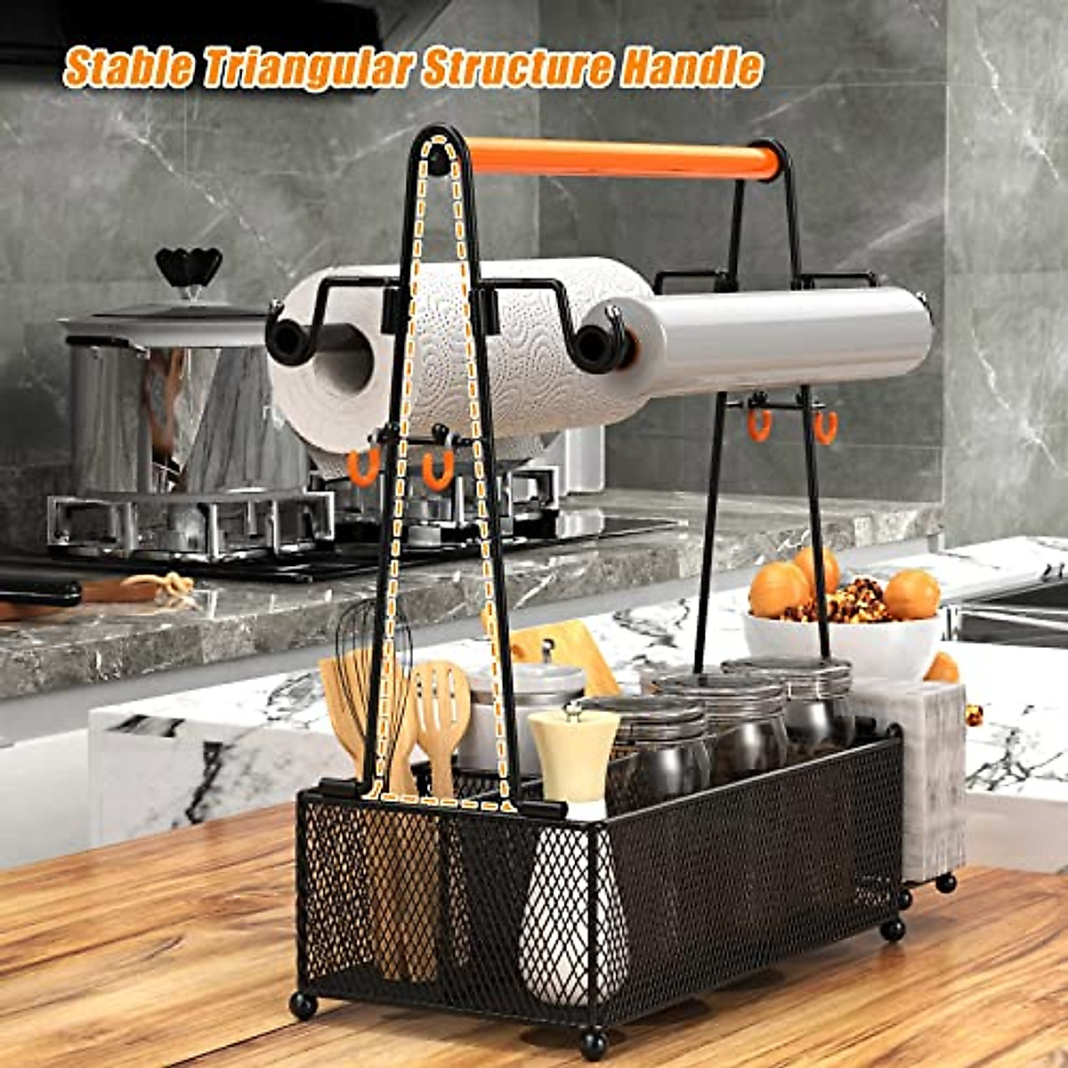 PHINOX Utensil Caddy, Silverware Caddy Condiment Caddy, Utensil Holder for Party, Picnic Flatware caddy with Handle and Paper Towel Roll Holders, Utensil Cutlery Caddy for Camping, Kitchen (BLACK)