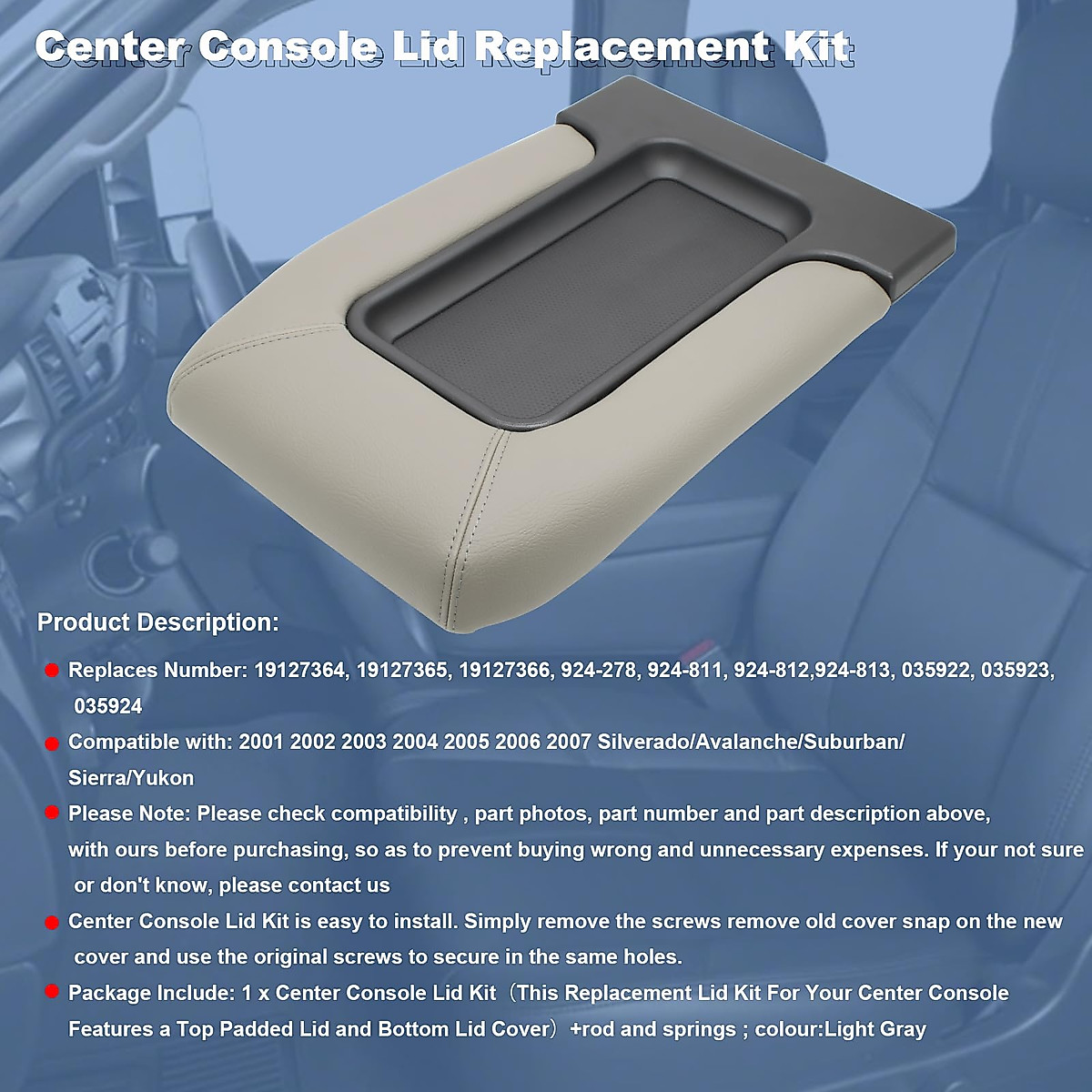 NHILES Center Console Lid Replacement Kit for 1999 2000 2001 2002 2003 2004 2005 2006 2007 Silverado/Avalanche/Suburban/Sierra/Yukon Replaces Number 19127364, 19127365, 19127366 (Black)