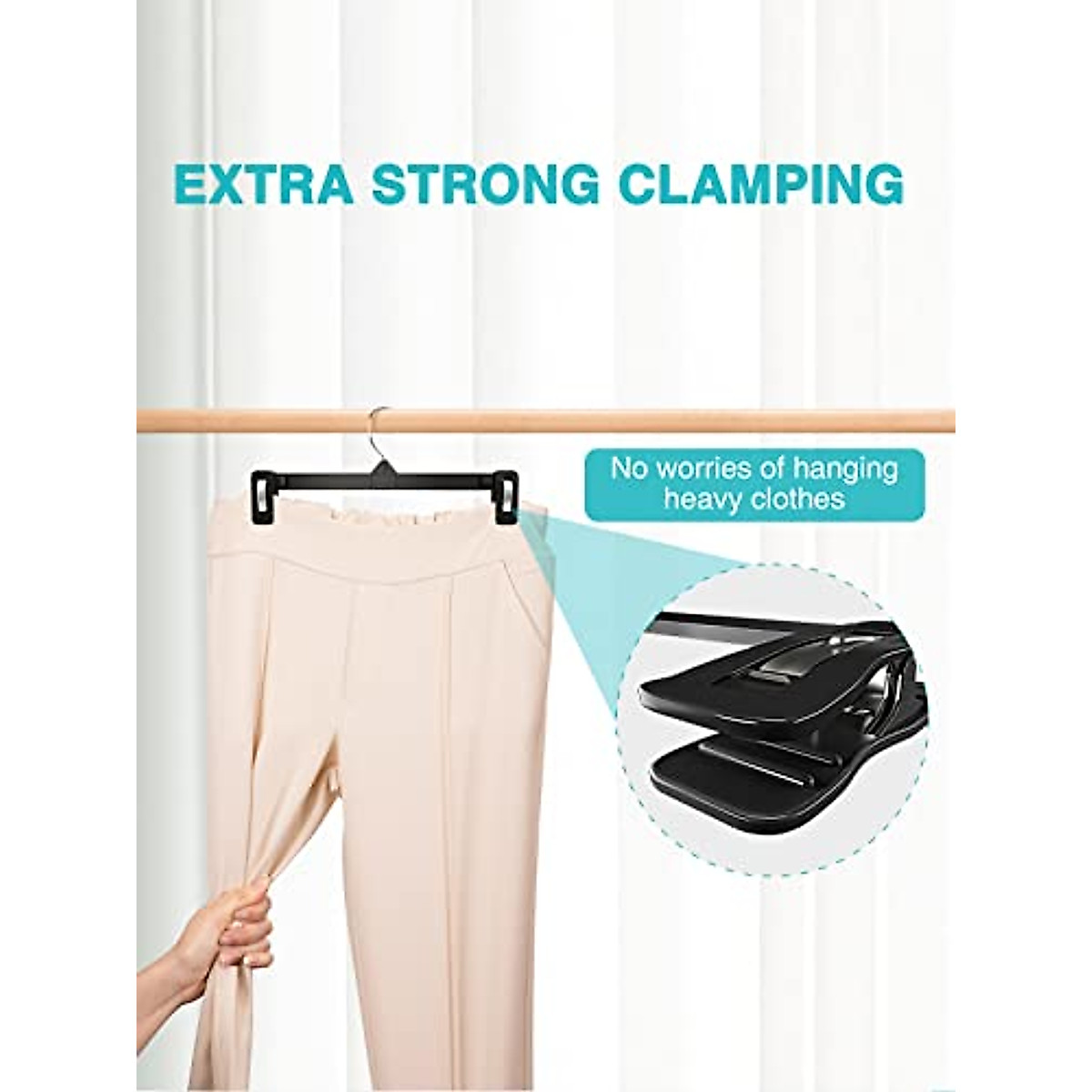 Titan Mall Pants Hangers - 30 Pack, Plastic Skirt Hanger with Non-Slip Big Clips and 360 Rotatable Chrome Hook, Heavy Duty Pants Hangers, Elegant and Economical for Hanging Pants (10 Inch, Black)