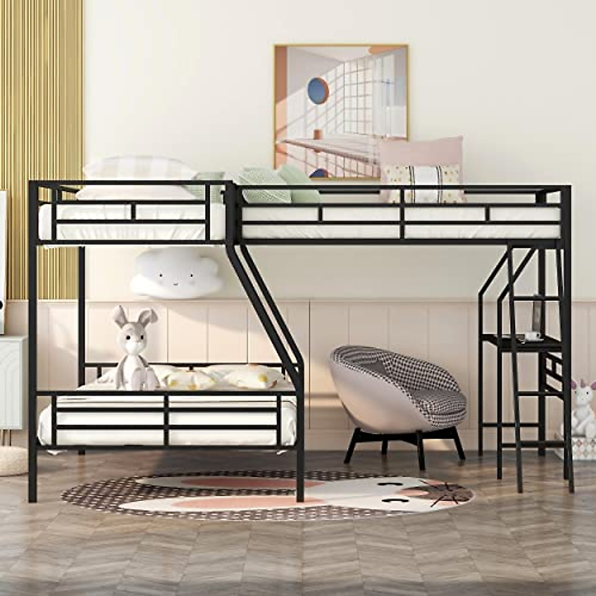 L-Shaped Metal Triple Bunk Bed for 3, Twin Over Full Bunk Bed with a Twin Size Loft Bed Attached, with a Desk, 3 Beds Bunk Bed Frame for Kids Teens Adults - Black