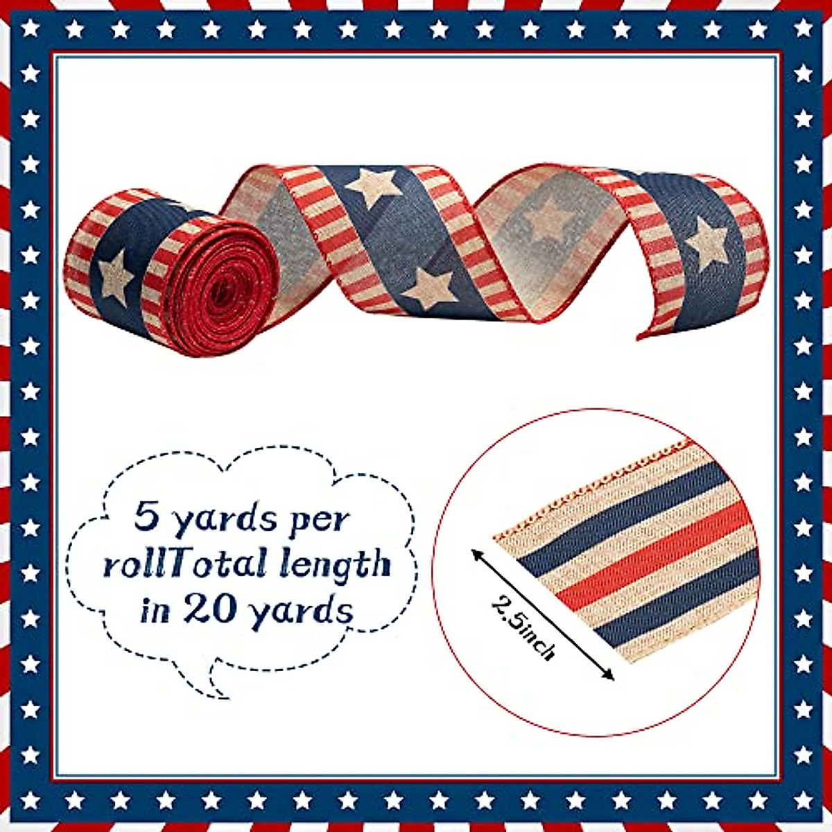 H1vojoxo 4PCS Patriotic Wired Ribbon Rolls, Independence Day Wired Edge Ribbons, American Flag DIY Craft Ribbon, Patriotic Burlap Ribbon Decor, July 4th Stars and Stripes Ribbon for Gift, 20 Yards