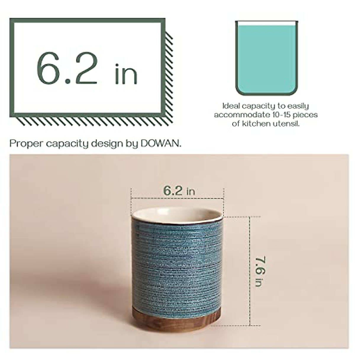 DOWAN Utensil Holder, 360° Rotating Extra Large Cooking Utensil Holder, 7.2" Kitchen Utensil Holder for Countertop, Utensil Crock for Farmhouse Kitchen Decor, Ceramic Stable Utensil Caddy, Blue