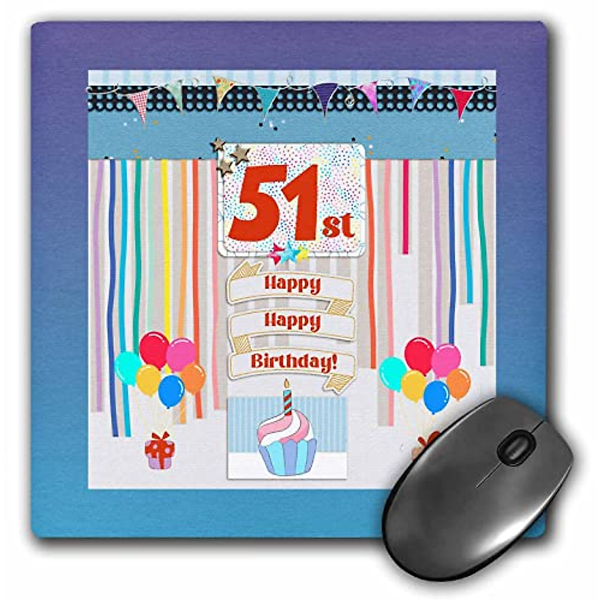 3dRose Image of 51st Birthday Tag, Cupcake, Candle, Balloons, Gift,... - Mouse Pads (mp_359886_1)