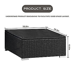 Betterland Patio Furniture Rattan Square Outdoor Coffee Tables, All-Weather Wicker Coffee Table with Tempered Glass Top for Living Room, Backyard, Balcony, Poolside, Garden (Black Brown)