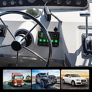 FXC 5 Gang Rocker Switch Panel with Dual USB Slot Socket 5V 4.2A + Cigarette Lighter + Voltmeter for Marine Boat Car Rv Vehicles Truck 12-24V Waterproof Blue LED (5B Green)