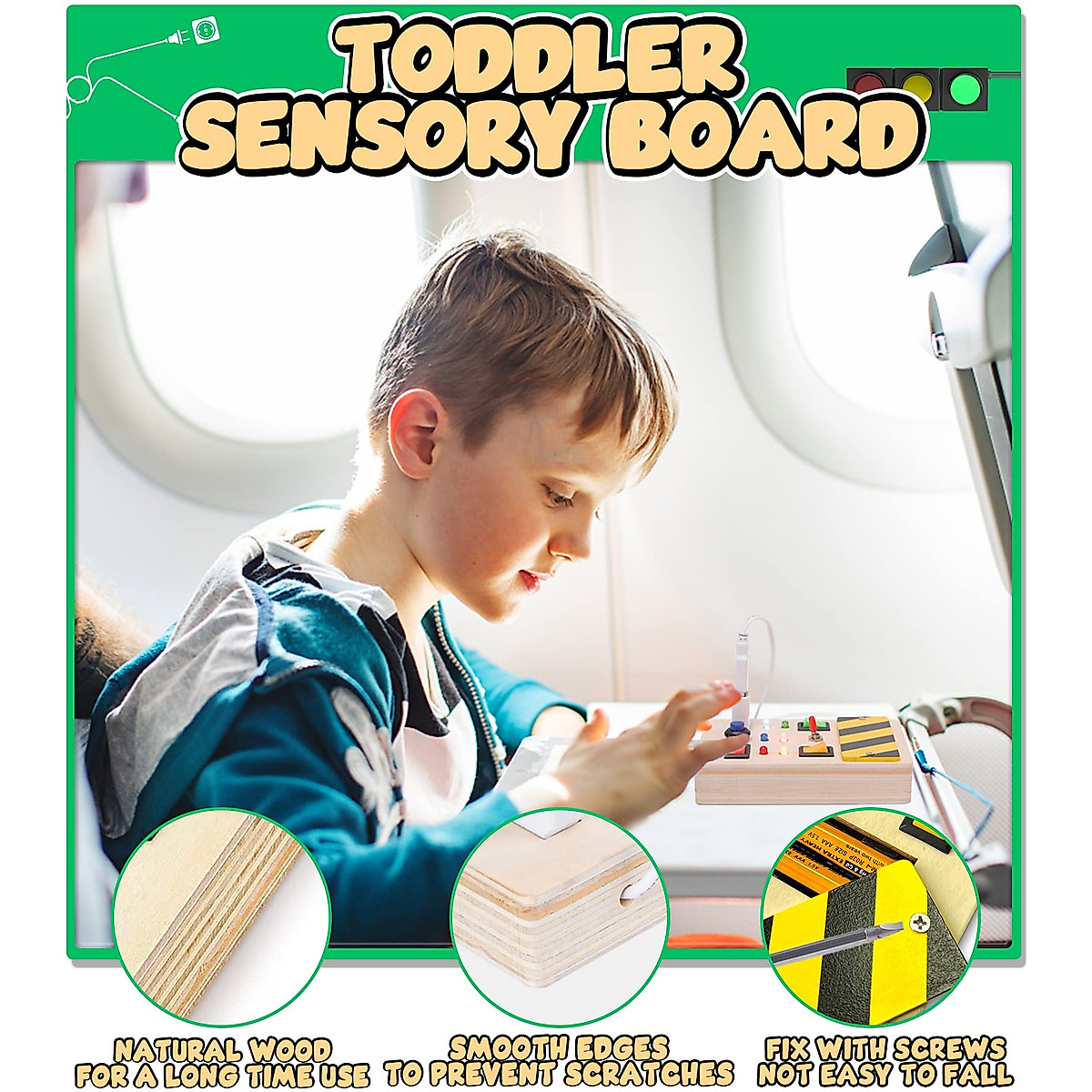 TEUVO Light Switch Busy Board Toy Montessori Toy Wooden Button Busy Board for Kids Aged 1 2 3 4 5, Toddler Sensory Board Toy Control Panel Kids Activity Button Toy Educational Gifts for Boys Girls