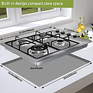 Karinear 24 Inch Gas Cooktop Gas Stove 4 Burners, Built-in Stainless Steel Gas Hob, NG/LPG Dual Fuel Gas Stovetop with Thermocouple Protection for Apartments, Indoor (Come with Pressure Regulator)