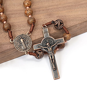 Nazareth Store Sacred St Benedict Wood beads Rosary Solid Wooden Beaded Necklace & Metal Glory Beads Catholic Cross Crucifix