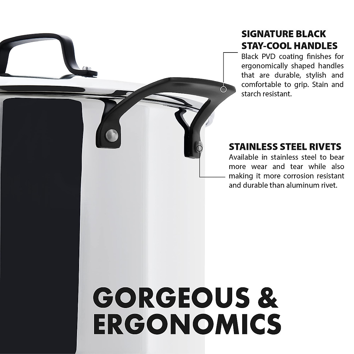 GrandTies Tri-Ply Stainless Steel Stock Pot Induction Cookware – 12 QT Capsule Bottom Stainless Steel Pot, Marquina Black Metal Handles Kitchen Cooking large Pot with Lid, Dishwasher Safe Pot & Pan