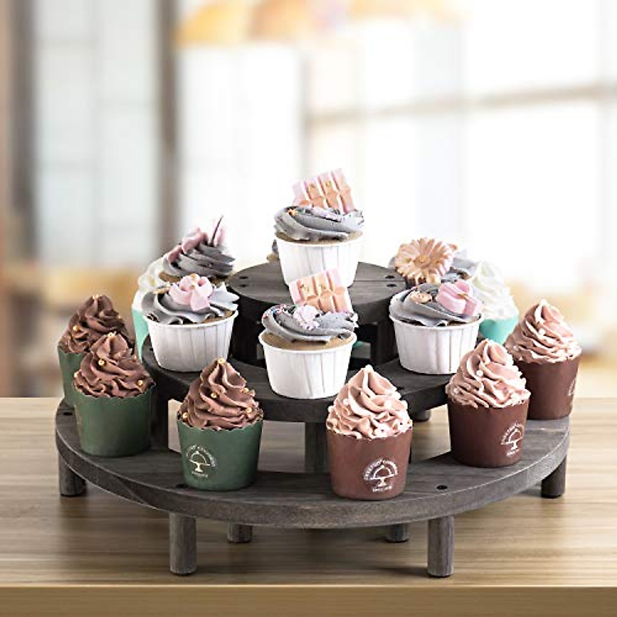 MyGift 3-Tier Cupcake Stand, Vintage Gray Wood Semi Circle Dessert and Retail Display Stand, Set of 2