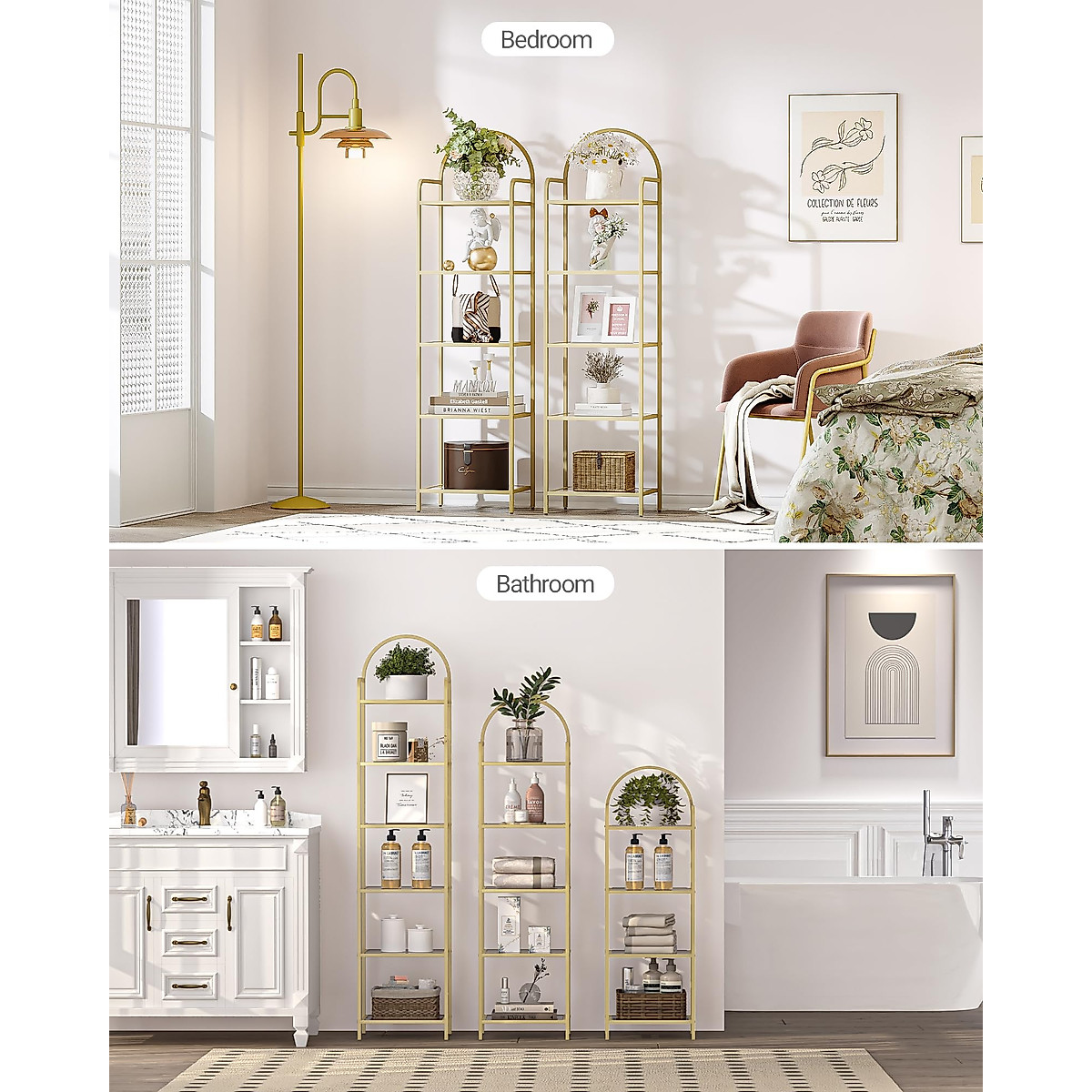 Hzuaneri Bookcase Bookshelf, Tempered Glass Bookshelves, Slim Shelving Unit for Bedroom, Bathroom, Home Office, Steel Frame, 5 Tier Gold BC05001G