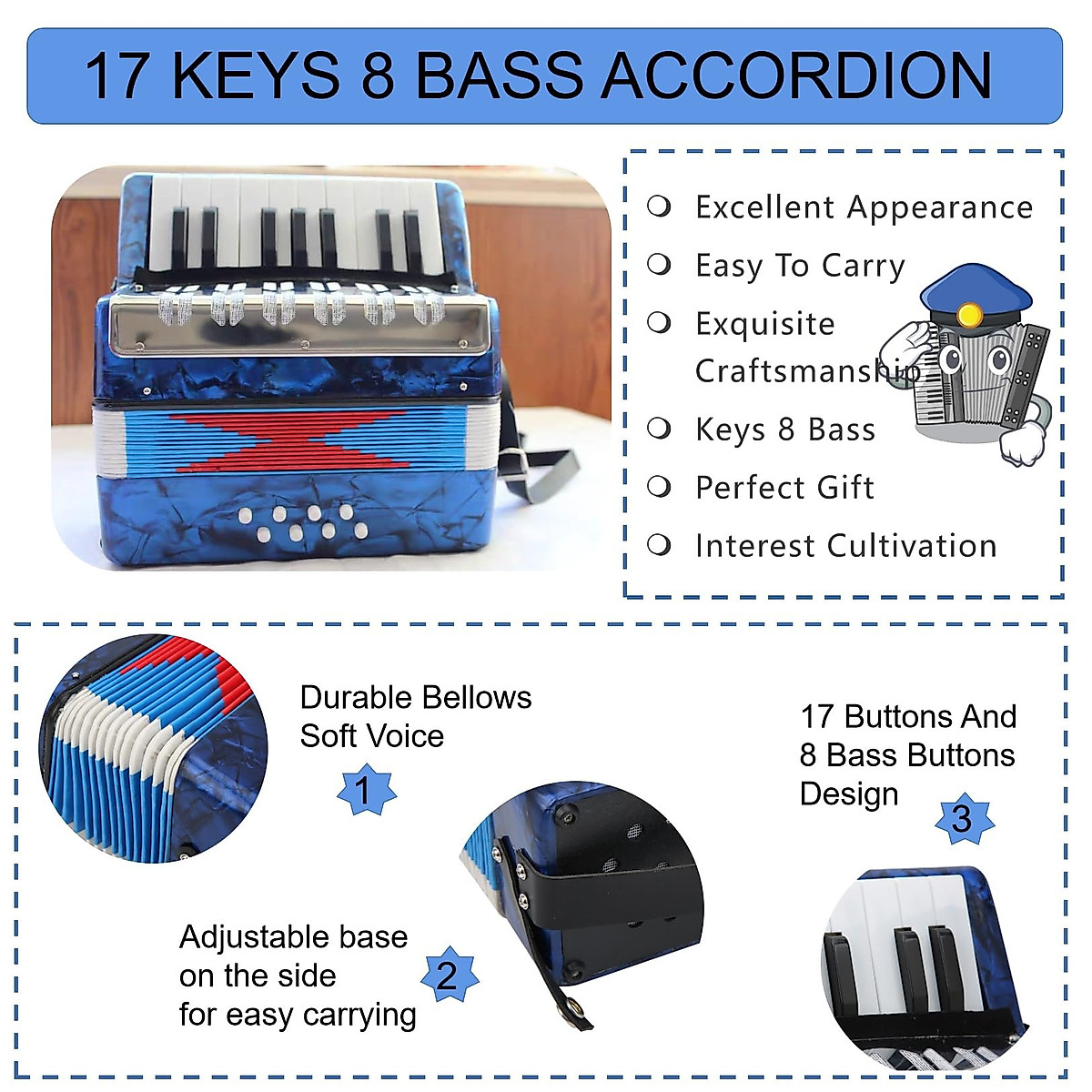 Small Accordion,17 Keys 8 Bass Accordion Instrument Para Niños Acordeones Para Niños With Adjustable Straps And Softer Sound Portable Educational Musical Instrument For Music Beginner 7.8x7.5x3.9in