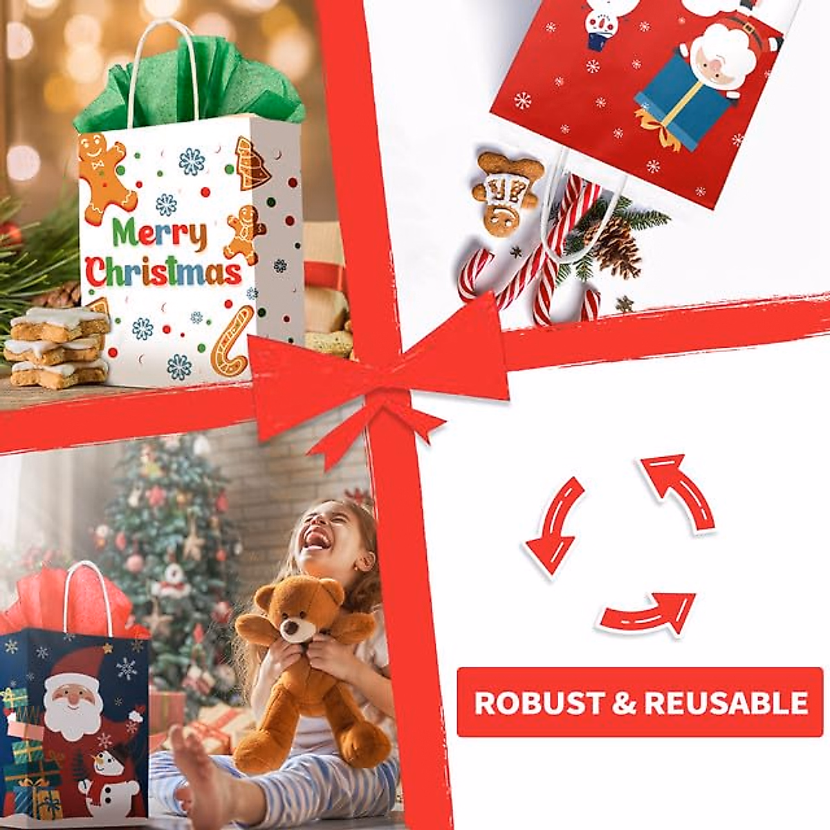 Kidtion Christmas Gift Bags 30 PCS, Durable Christmas Bags with Tissue Paper, 6 Styles Gift Bags Bulk with Handles, Reusable Small Gift Bags Xmas Paper Bags, Party Favors Holiday Gift Bags