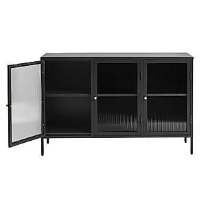 Unique Furniture Modern Steel Sideboard with 3 Hinged Doors and 2 Adjustable Shelves, 33.5" H x 52" L x 15.75" W, Black/Golden