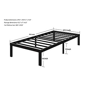 COMASACH XL Twin Bed Frame and 6 Pcs Non Slip Mattress Gaskets, No Box Spring Needed, 14 Inch Black Metal Platform Bed Frames, 2000Lb Heavy Duty Steel Slat Support, Noise Free Mattress Foundation