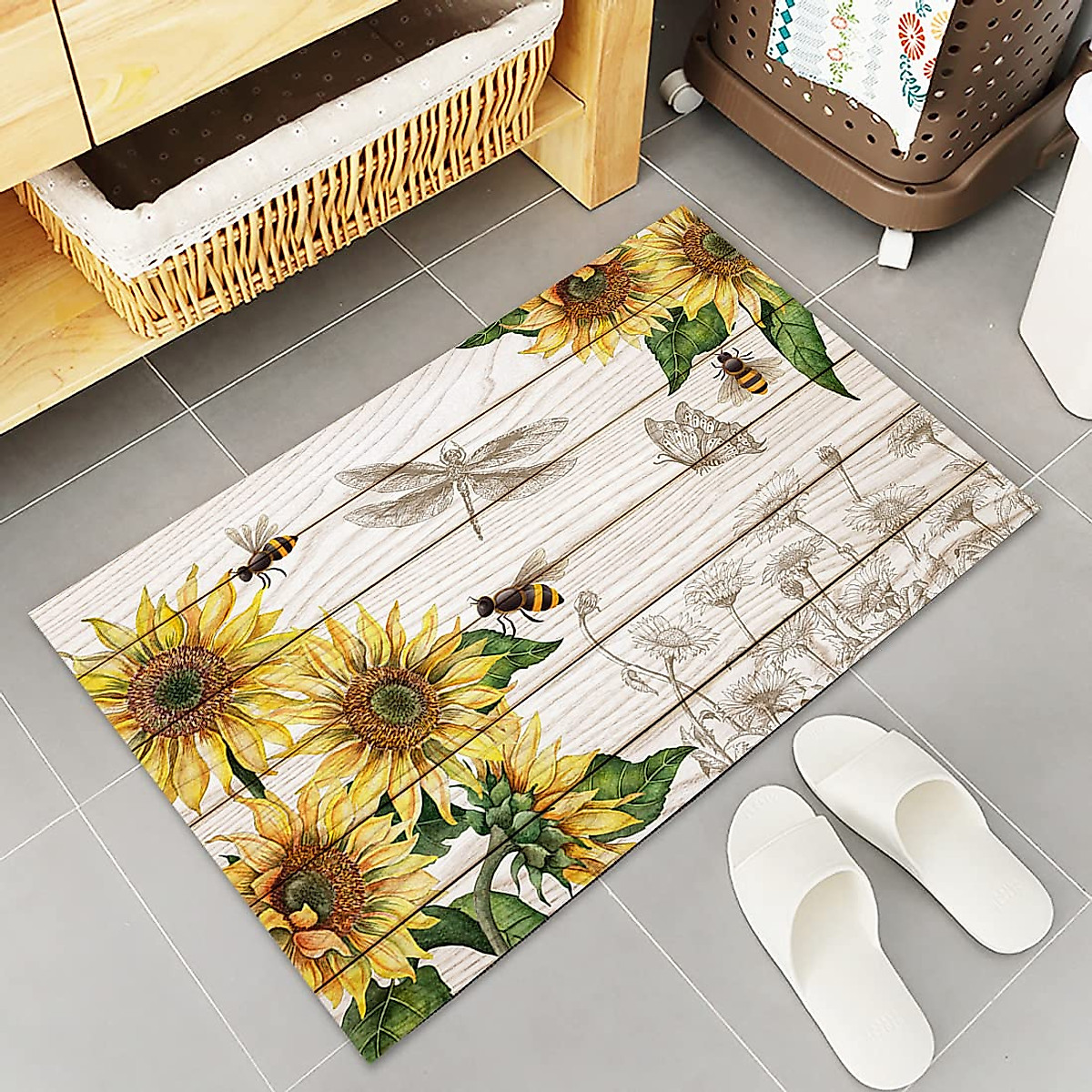 Queener Home Farm Sunflower Dragonfly Butterfly Kitchen Rugs Set of 2, Washable Floor Door Mats Comfort Area Runner Rug Non-Slip Rubber Backing for Indoor Retro Wood Grain