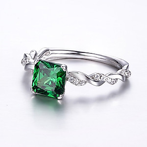 Merthus 7x7mm Square Shape Simulated Emerald 925 Sterling Silver Twist Rope Band Ring for Women Size 6