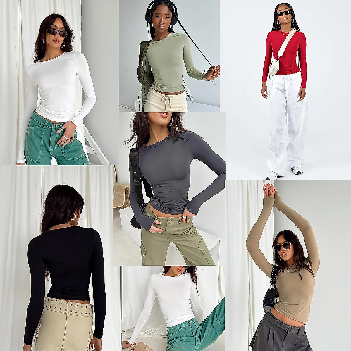 Abardsion Women's Casual Basic Going Out Crop Tops Slim Fit Long Sleeve Crew Neck Tight T Shirts (White, S)