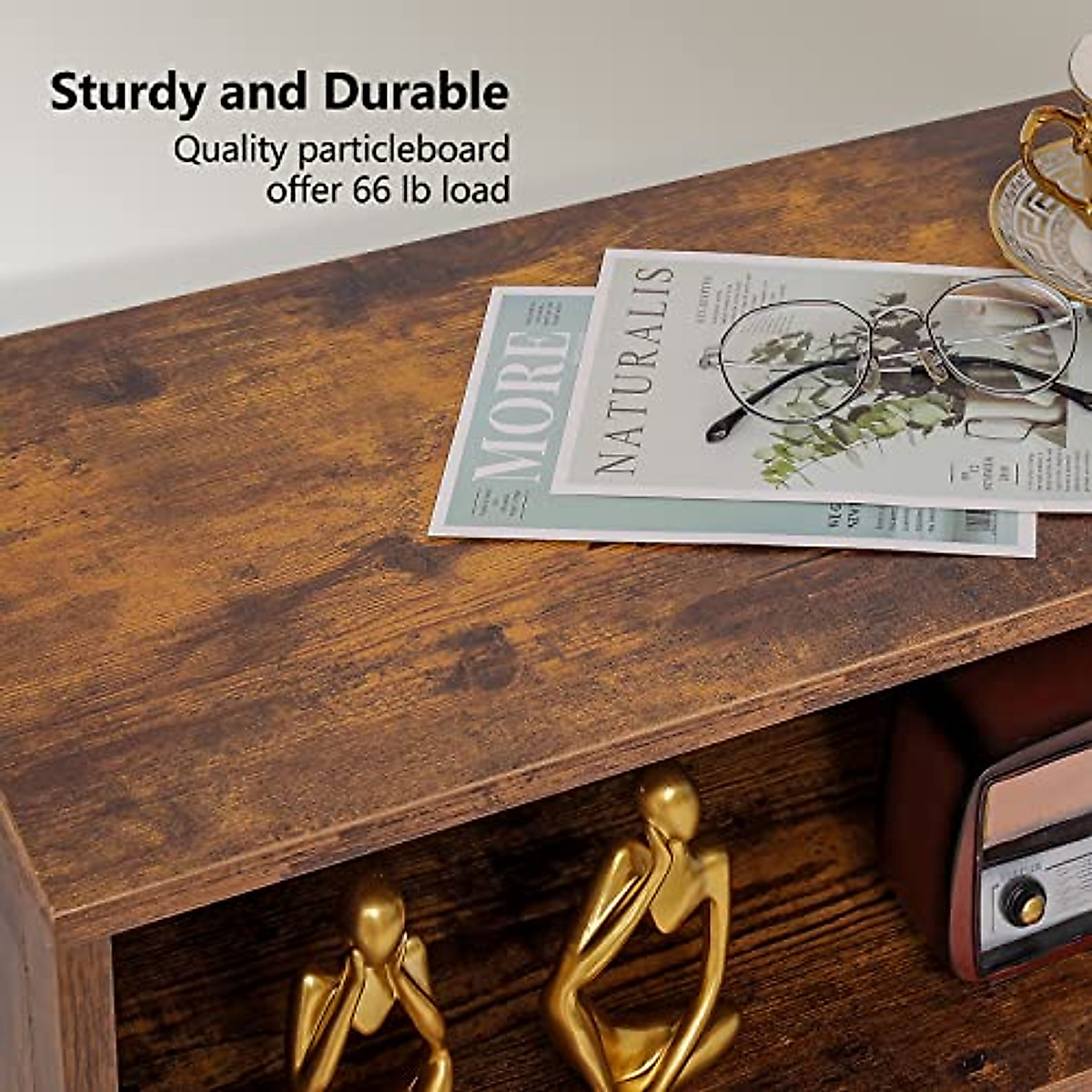 WEENFON Floor Storage Cabinet with 2 Adjustable Drawers & 2 Barn Doors, Standing Cupboard with 2 Shelf, for Living Room, Home Office, Kitchen, Rustic Brown