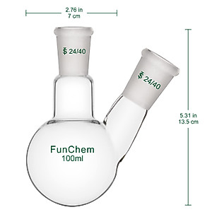 FunChem Glass Round Bottom Flask 24/40, 2 Neck Round Bottom Receiving Boiling Flask RBF, with 24/40 Standard Taper Outer Joint, 100 mL