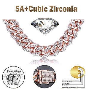 Apzzic 12mm Iced Out Cuban Link Chain Gold Plated Bracelet Hip Hop Bling Full CZ Lab Diamond Miami Bangle Bracelet for Women Men Rose Gold 8Inch