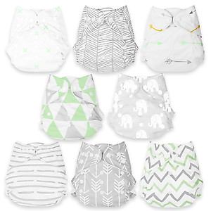 GGT Cloth Diapers (Updated Quality) - 8 Reusable Cloth Diapers for Babies with 8 Cloth Diaper Inserts – Extra Leg