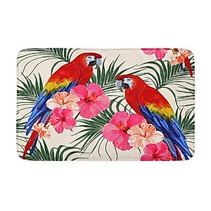 Bath Mat Beautiful Floral Summer Pattern Tropical Palm Leaves Parrot Cozy Bathroom Decor Bath Rug with Non Slip Backing 16x24In