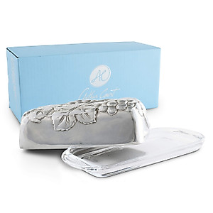 Arthur Court Designs Aluminum Grape Covered Butter Cream Cheese Dish Container Keeper Hand Polished Tarnish Free Artisan Quality with glass dish 7 inch Long