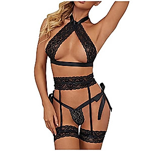 Sexy Lingerie for Women, Bra and Panty Sets Lingerie Women with Garters Women's Mesh Underwear See-Through Halter Three-Piece Suit Strip Club Outfits Lingerie Garter Lace Lengerie (M, 7-Black)