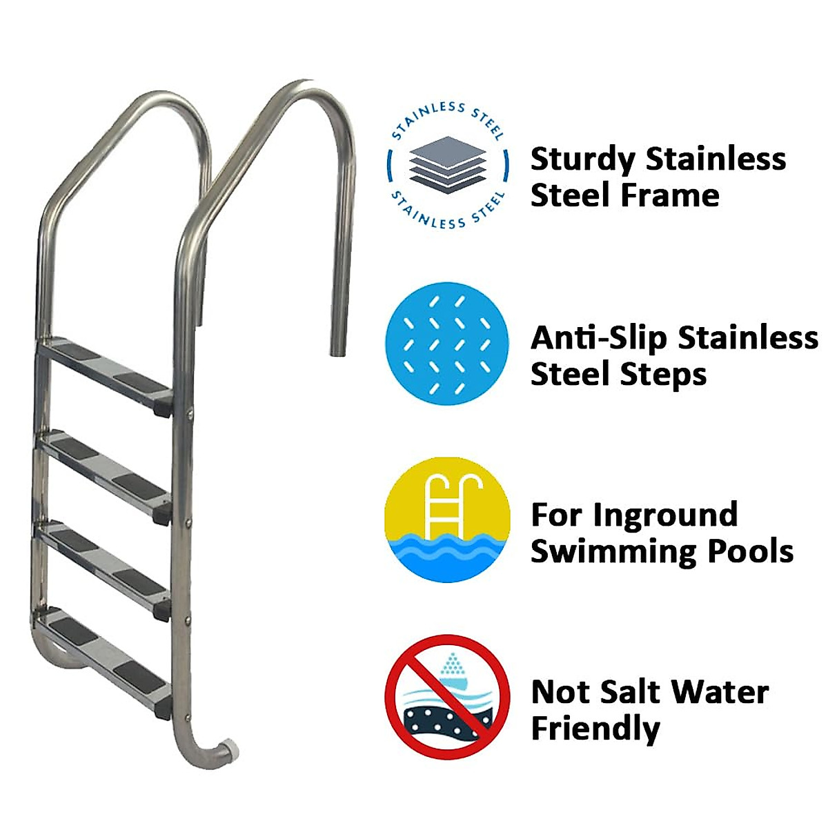 Aqua Select 4 Step Stainless Steel Pool Ladder with Stainless Steel Steps | Entry and Exit System for In-Ground Swimming Pools | 250 Pound Capacity | 1.9 Inch Outer Diameter