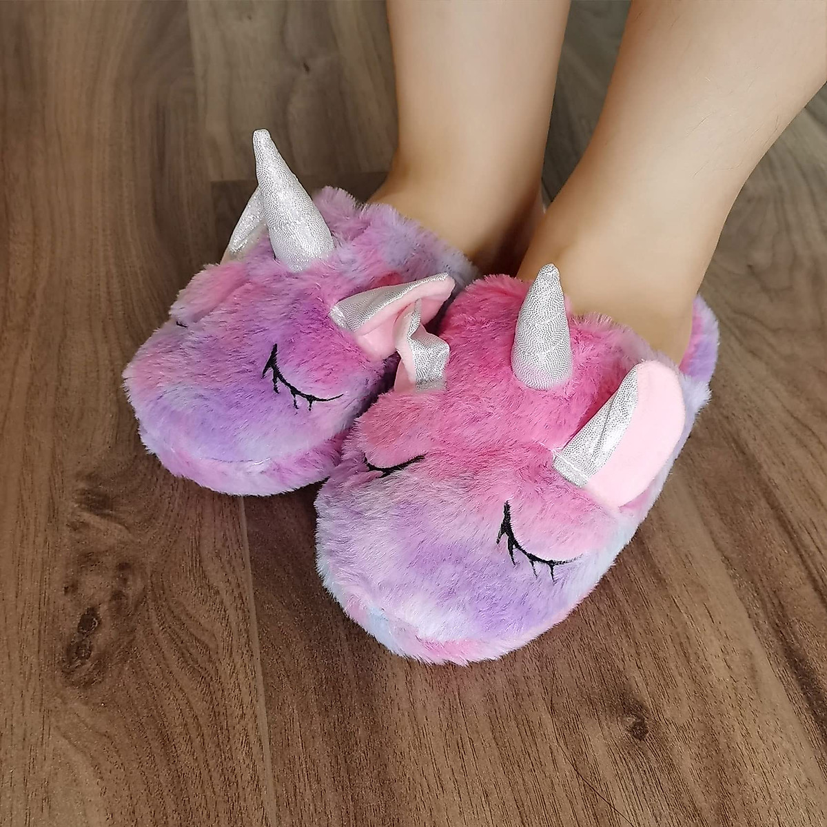 ZOBAYOP Kids Unicorn Slippers with Rubber Soles for Boys Girls Home Plush Shoes Indoor Anti Slip Cute Warm Purple X22