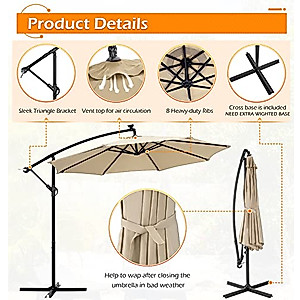 AECOJOY 10FT Patio Outdoor Umbrella with Solar Powered LED Hanging Offset Umbrella with Cross Base, 24 LED Lights for Backyard, Beige