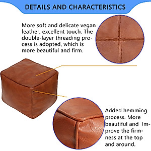 Thgonwid Unstuffed Handmade Cube Pouf Faux Leather Ottoman Cover, Square Pouffe Footstool Storage Stool, Bedroom Living Room, 15.7" H x 16.5" W, Brown