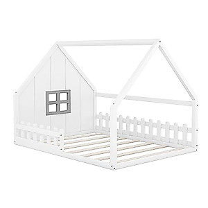 House Bed Full Size, Wood Floor Bed for Kids, Montessori Bed with Railings and Slats for Boys Girls, Low to Ground Height, No Box Spring Needed, White