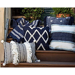 Foreside Home & Garden FIPL09258 Blue Decorative Throw Striped Woven 14x22 Outdoor Pillow w/Hand Tied Tassel Poms