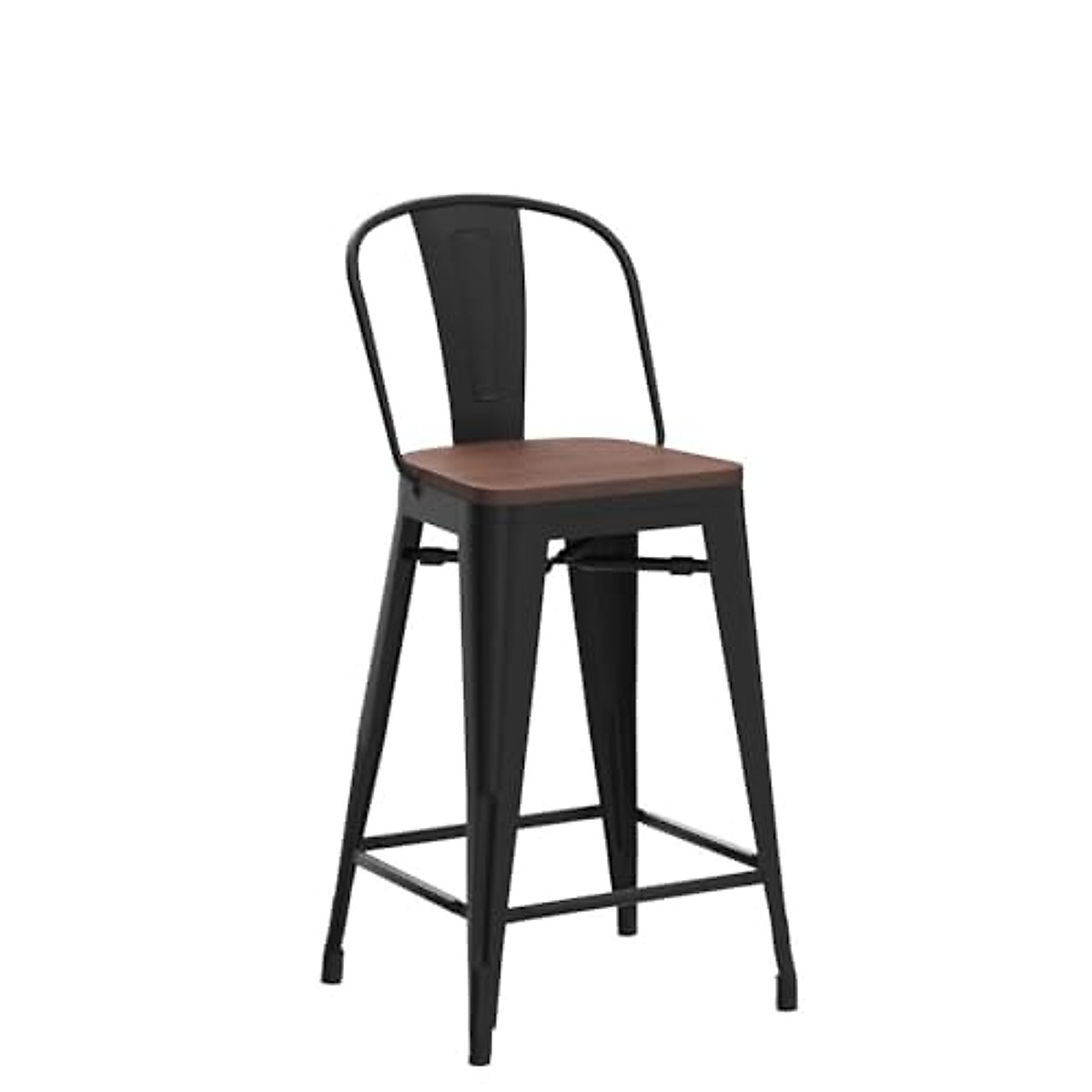 HAOBO Home 24" High Back Barstools Metal Stool with Wooden Seat [Set of 4] Counter Height Bar Stools, Matte Black