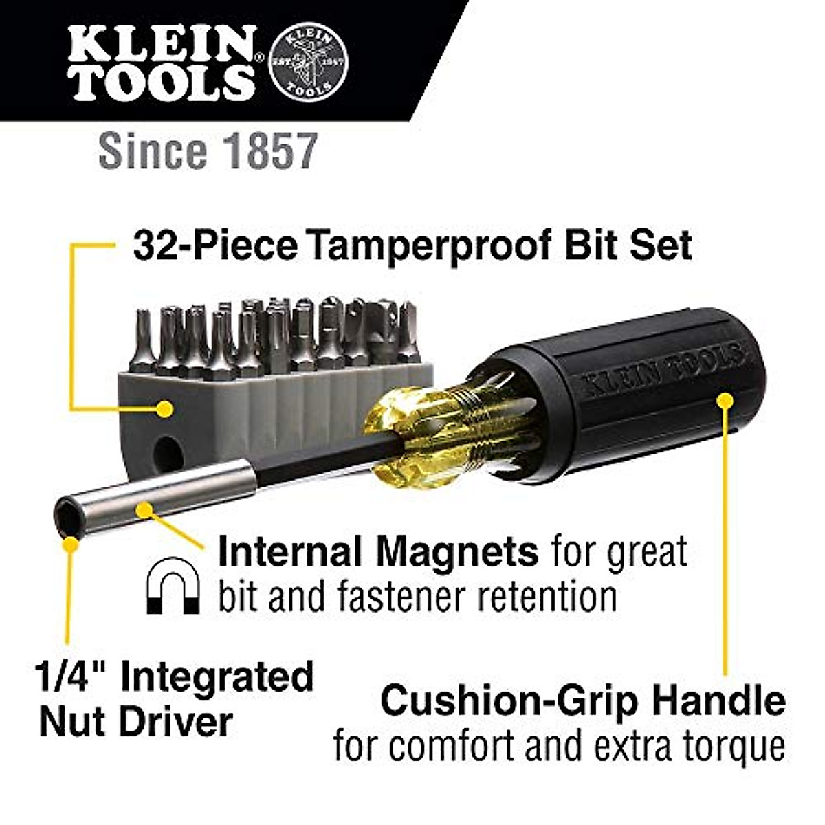 Klein Tools 32510 Magnetic Multibit Screwdriver with Sturdy Torx, Hex, Spanner, Tri-Wing, Torq and Nut Tamperproof Bits and Storage Block