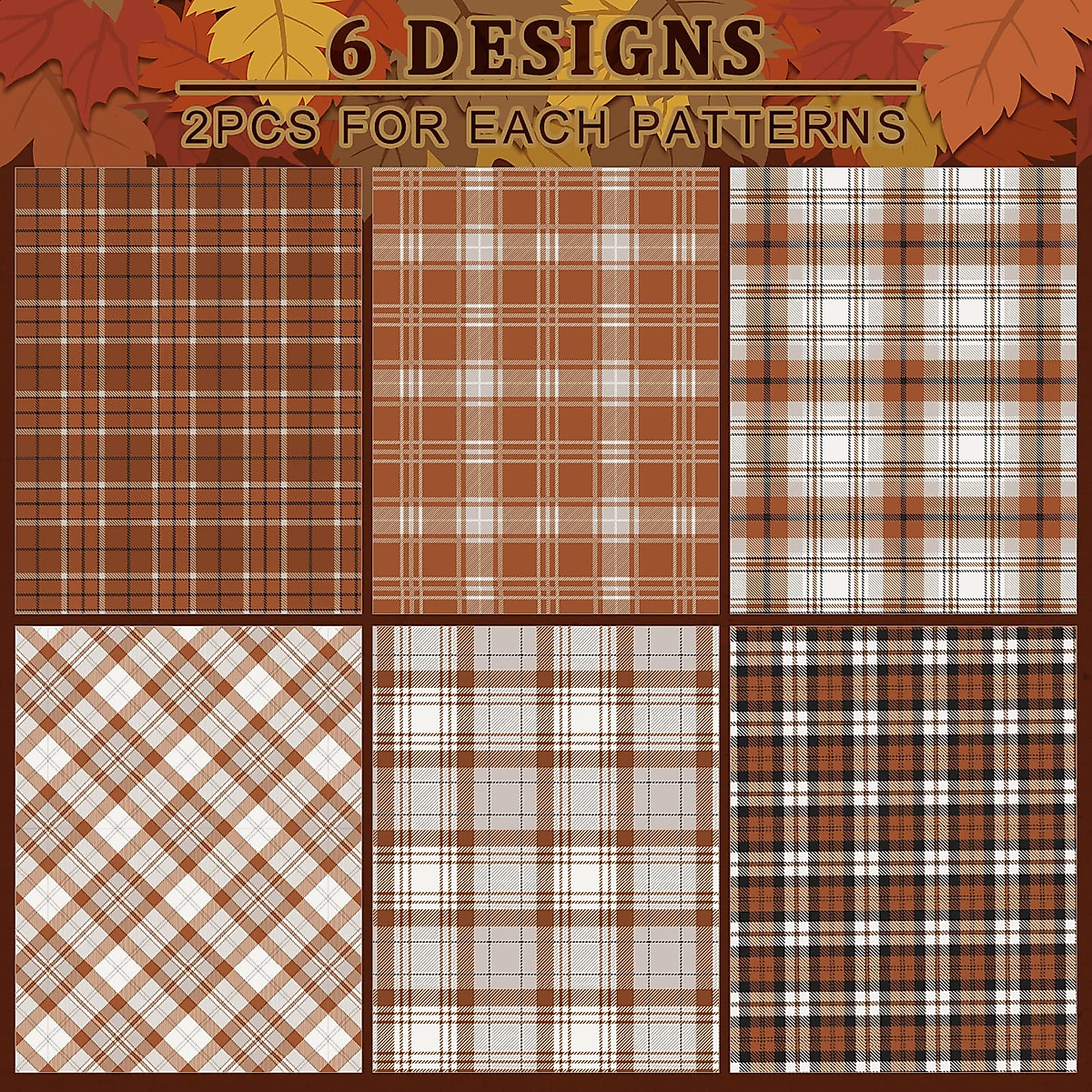 Whaline 12 Sheet Fall Gift Wrapping Paper 6 Design Orange Buffalo Plaids Printed Wrapping Sheet Autumn Theme Decorative Art DIY Craft Paper for Fall Celebration Gift Packing, 19.7 x 27.6 Inch