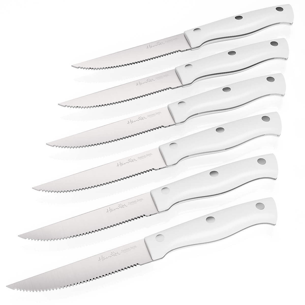 harriet Steak Knife Set, Serrated Steak Knives Set of 6, Full Tang German Stainless Steel Steak Knives, White