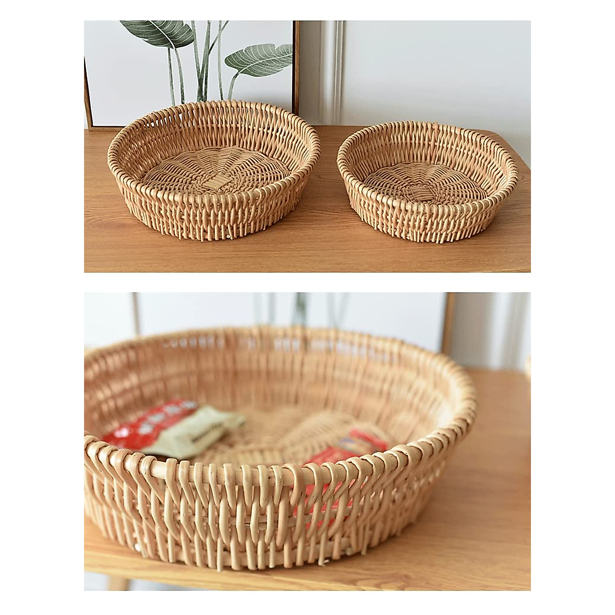 Healthy Fresh Rattan Basket 100% Natural Handwoven Deep Wicker Round Fruit Basket Woven Food Storage Weaved U Organizer Holder Bowl Decor Rack Display Small Flat Bottom Hollow Weaving (Small)