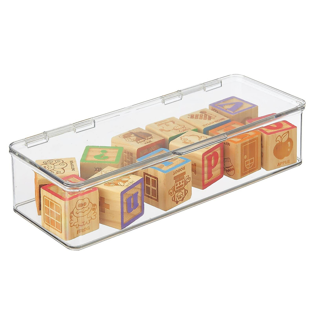 mDesign Plastic Playroom and Gaming Storage Organizer Box Containers with Hinged Lid for Shelves or Cubbies, Holds Small Toys, Building Blocks, Puzzles, Markers, Controllers, or Crayons, 4 Pack, Clear