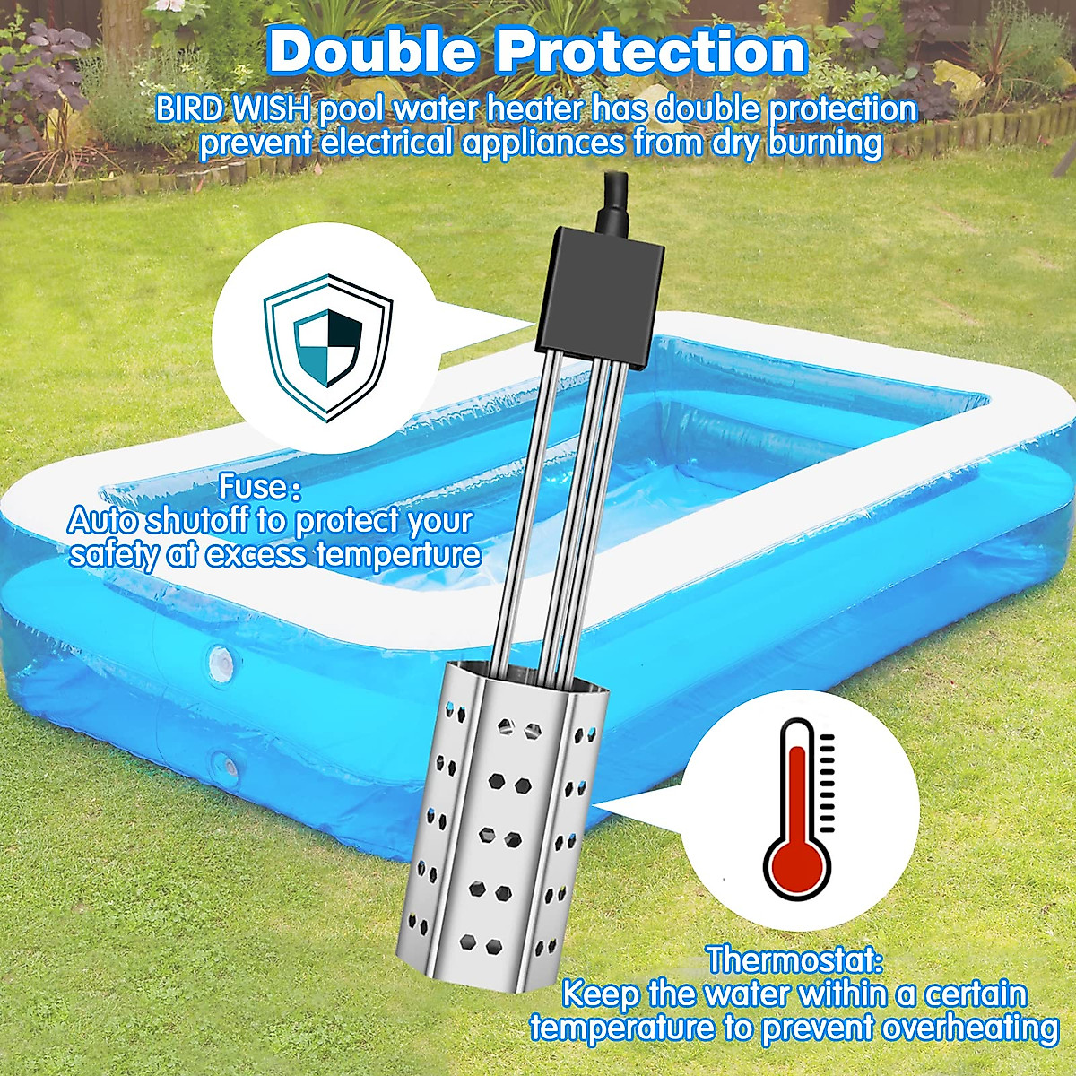 BIRD WISH Portable Pool Heater, 1500W Portable Thermostat and Auto Shutoff with Small Pool Heater for Inflatable Pool and Portable Pool in Yard, Home