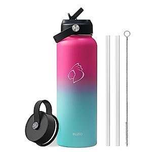 BUZIO Stainless Steel Water Bottle, 40oz Vacuum Insulated Double Wall Leak Proof Sports Water Bottle with Straw Lid and Flex Cap for Gym Travel Camping, Rose and Green