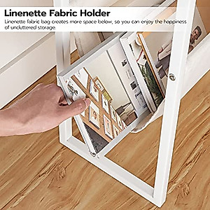 HOOBRO Narrow Side Table, Tempered Glass End Table with Fabric Magazine Sling, Small Coffee Accent Table, Bedside Table for Small Space, Bedroom, Living Room, Modern Style, White WT66BZ01