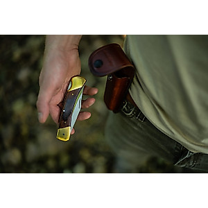 Uncle Henry LB7 Bear Paw Traditional Lockback Pocket Knife with 3.7in Clip Point High Carbon S.S. Blade, Wood Handle, Brass Bolsters, and Leather Belt Sheath for EDC, Hunting, Camping, and Outdoors