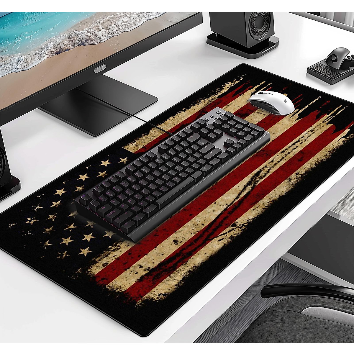 Large Extended Gaming Mouse Pad with Stitched Edges, Non-Slip Waterproof Rubber Base Mouse Pad for Office, Computer, Keyboard, Laptop and Home Desk Pad 35.4 x 15.7 x 0.12 Inch (American Antique Flag)